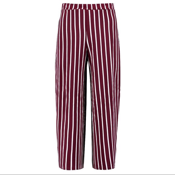 Boohoo | Pants & Jumpsuits | Boohoo Berry Burgundy White Striped Wide ...